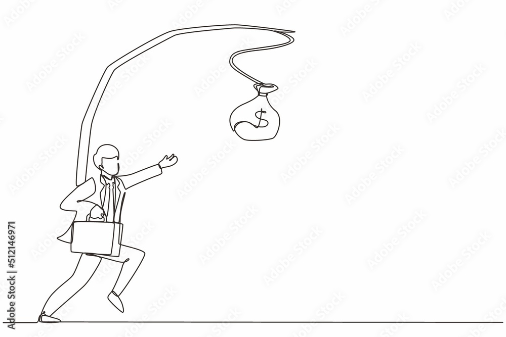 Continuous one line drawing oblivious businessman chasing bag of money ...
