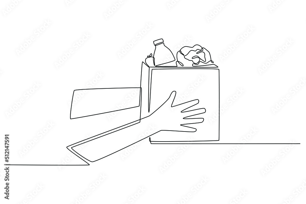 Continuous one line drawing hands give eco packaging bag. Eco packaging ...