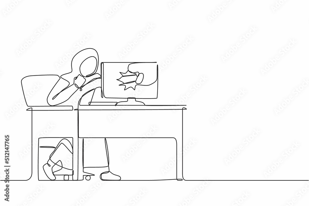 Continuous one line drawing angry Arabian businesswoman breaks her ...
