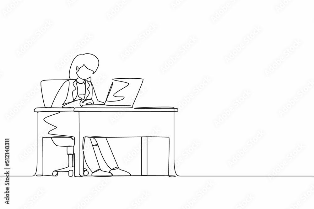 Continuous one line drawing female works in office. Woman working ...