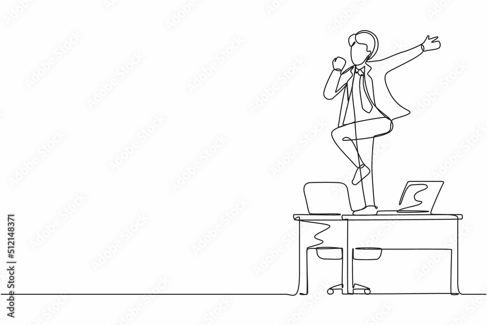 Continuous one line drawing happy office worker dancing on desk. Young ...