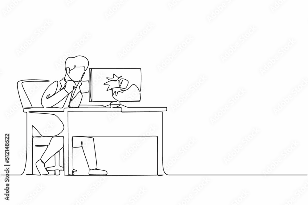 Continuous one line drawing angry businessman breaks his laptop ...