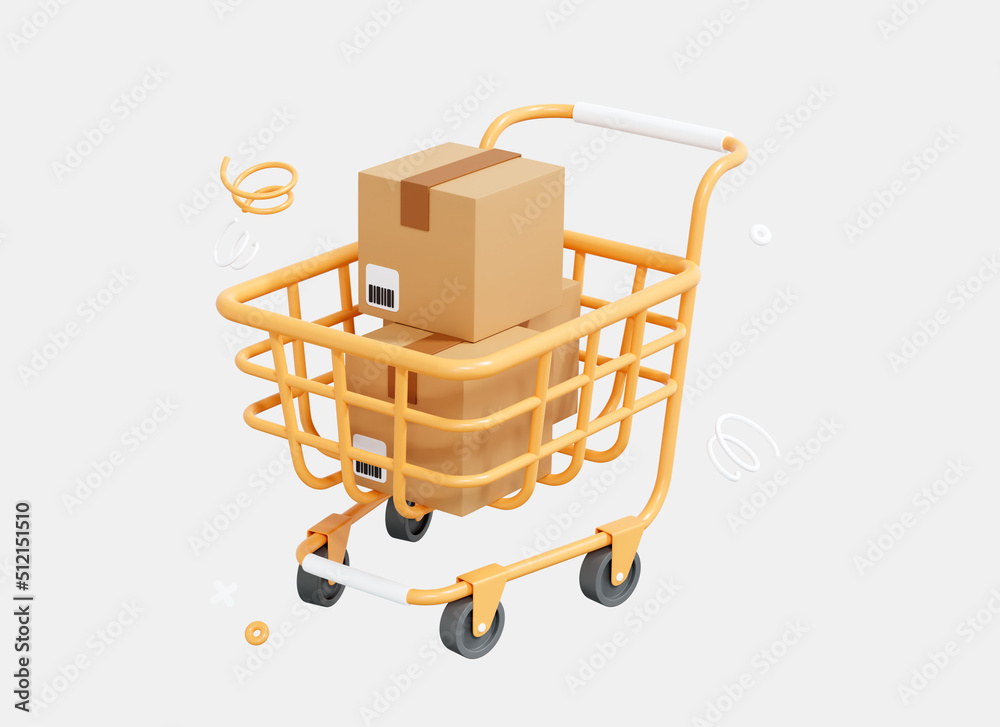 3D Shopping cart and cardboard box. Fast delivery concept from online ...
