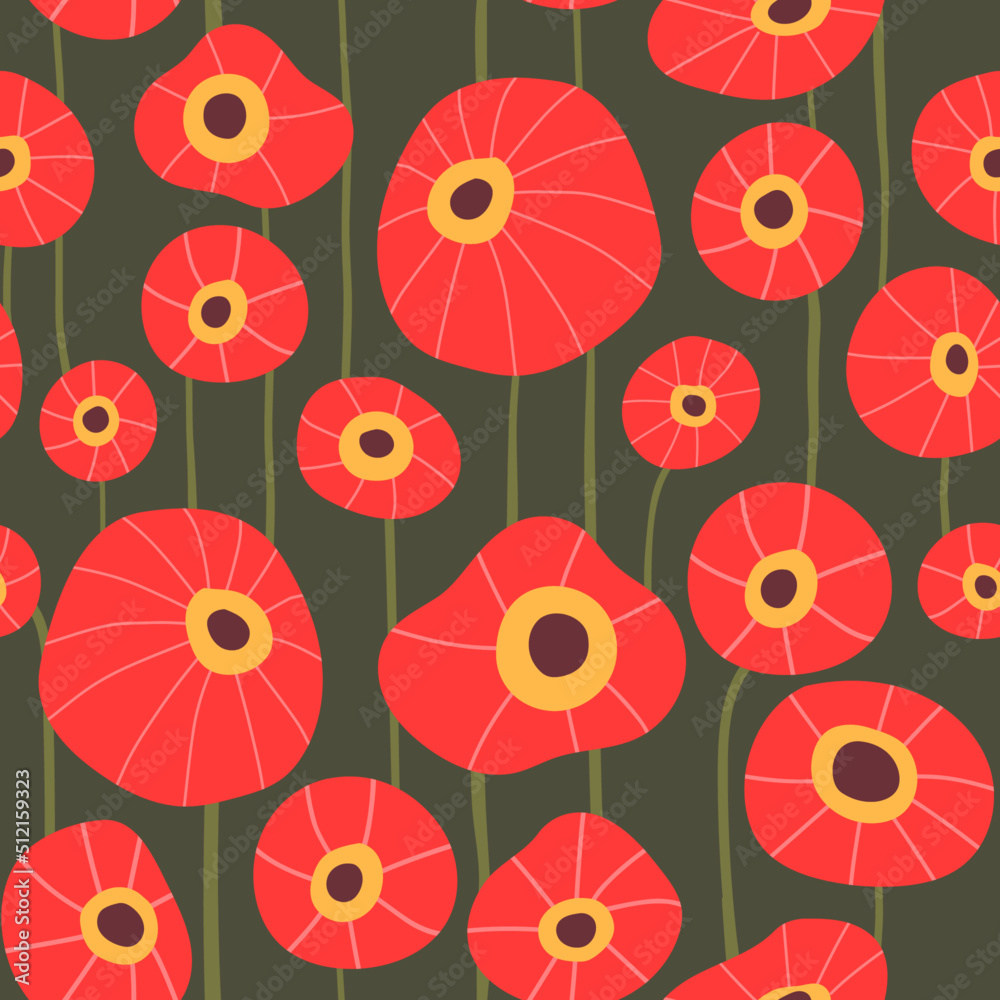 Seamless vector floral pattern with red poppies. Bright colorful ...