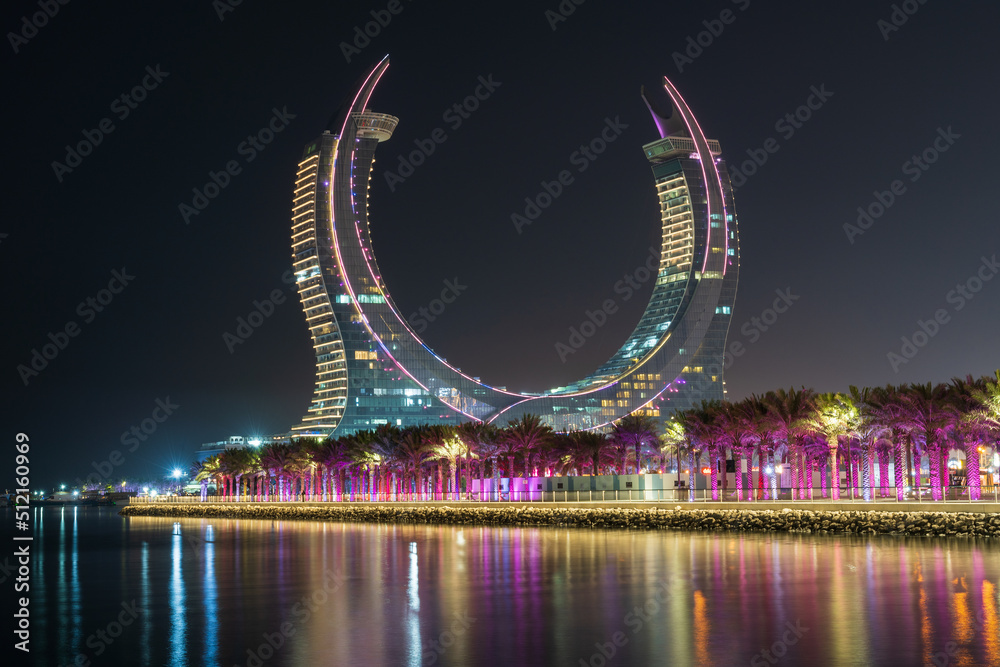 Katara Towers project in Lusail marina in Lusail City, Qatar night view ...