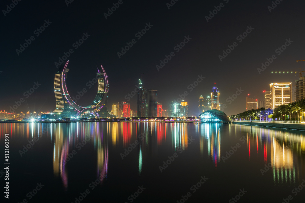 Katara Towers project in Lusail marina in Lusail City, Qatar night view ...