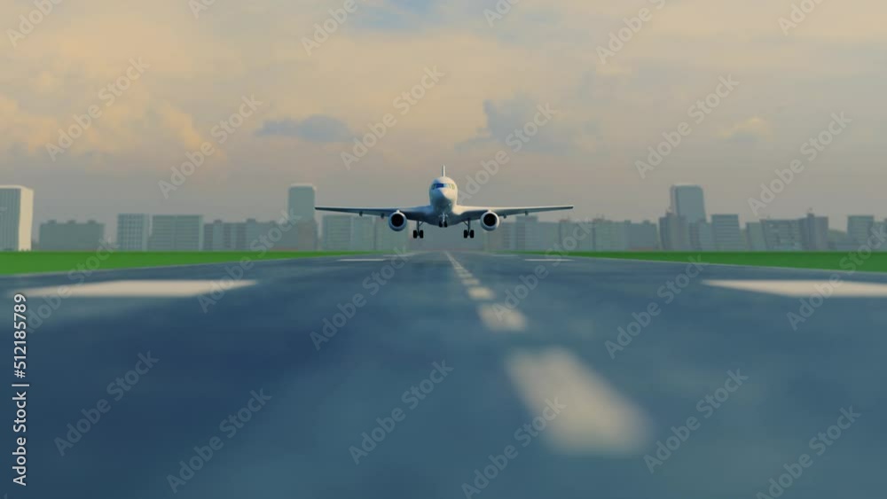 Animation of a detailed takeoff of a passenger plane with depth of ...