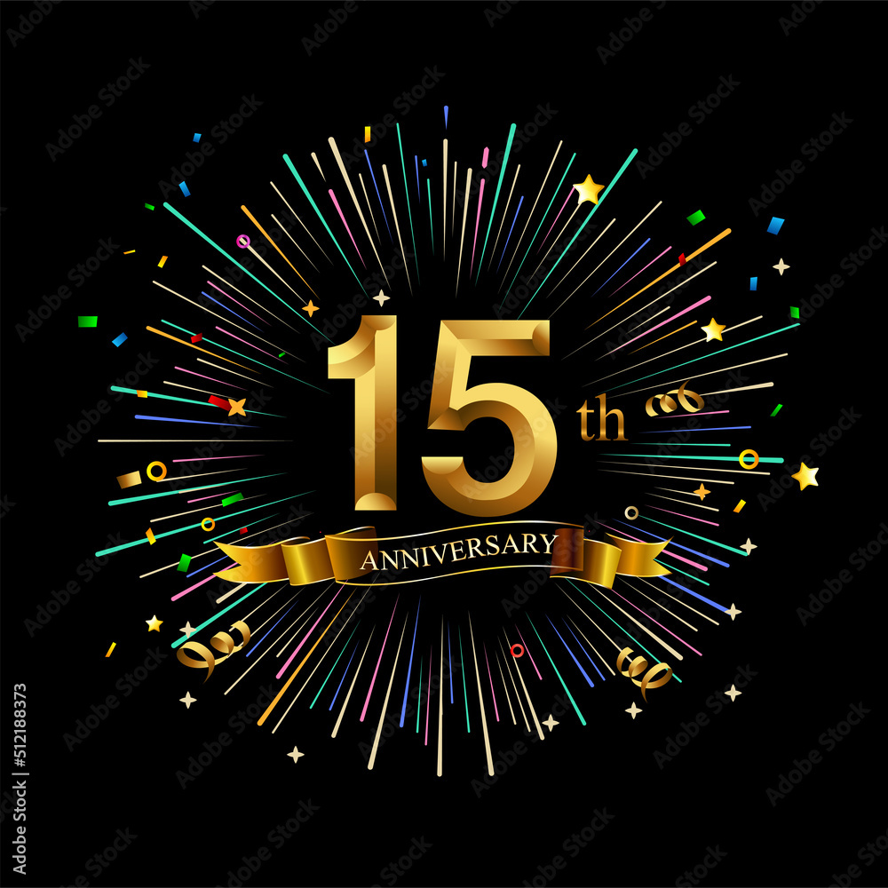 15th Anniversary celebration. Golden number 15th with sparkling ...