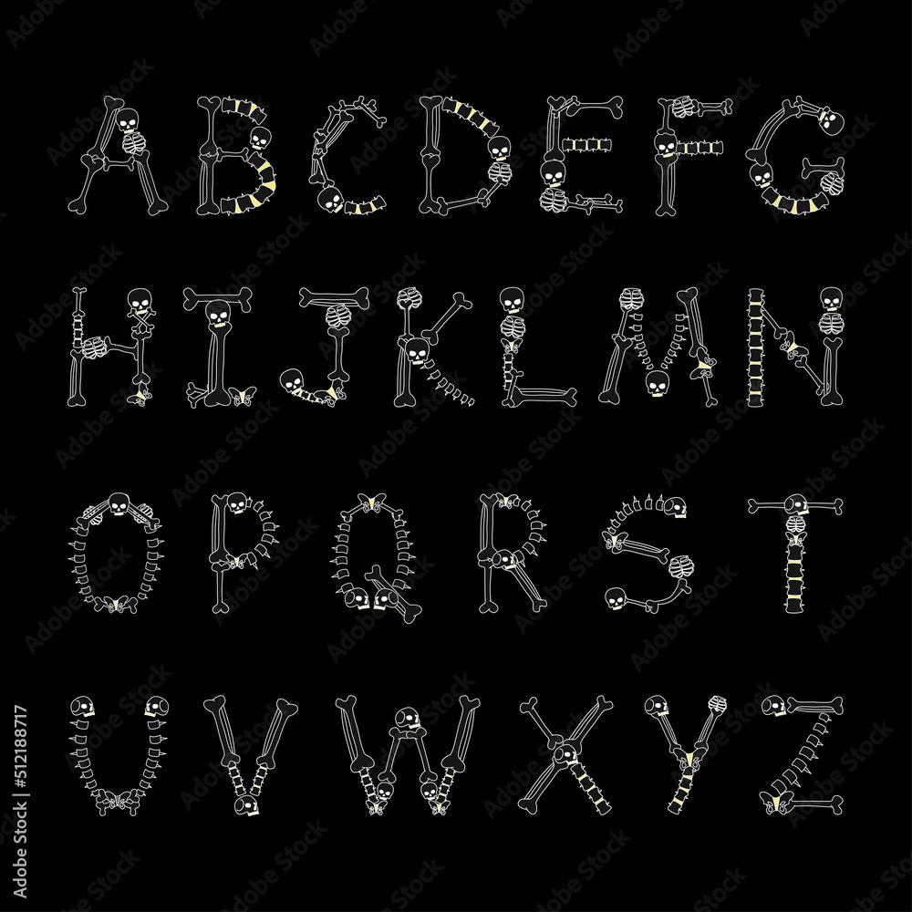 Bones alphabet. Bones font. Skull, spine, jaw and pelvis. Hellish scary ...
