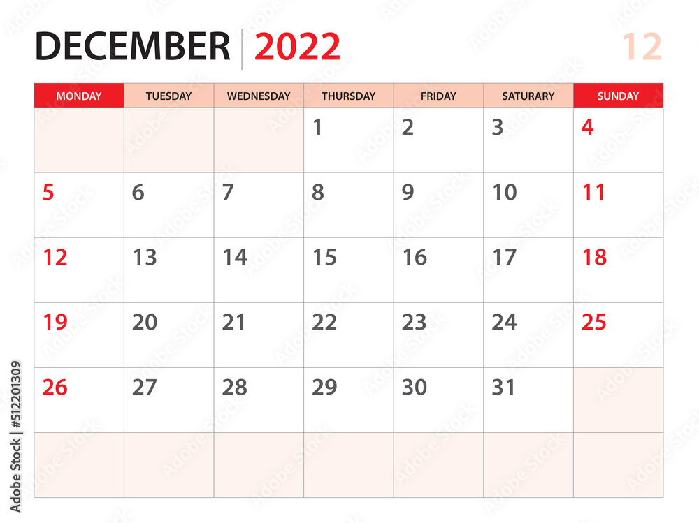 December 2022 template, Calendar planner 2022, week start on Monday ...