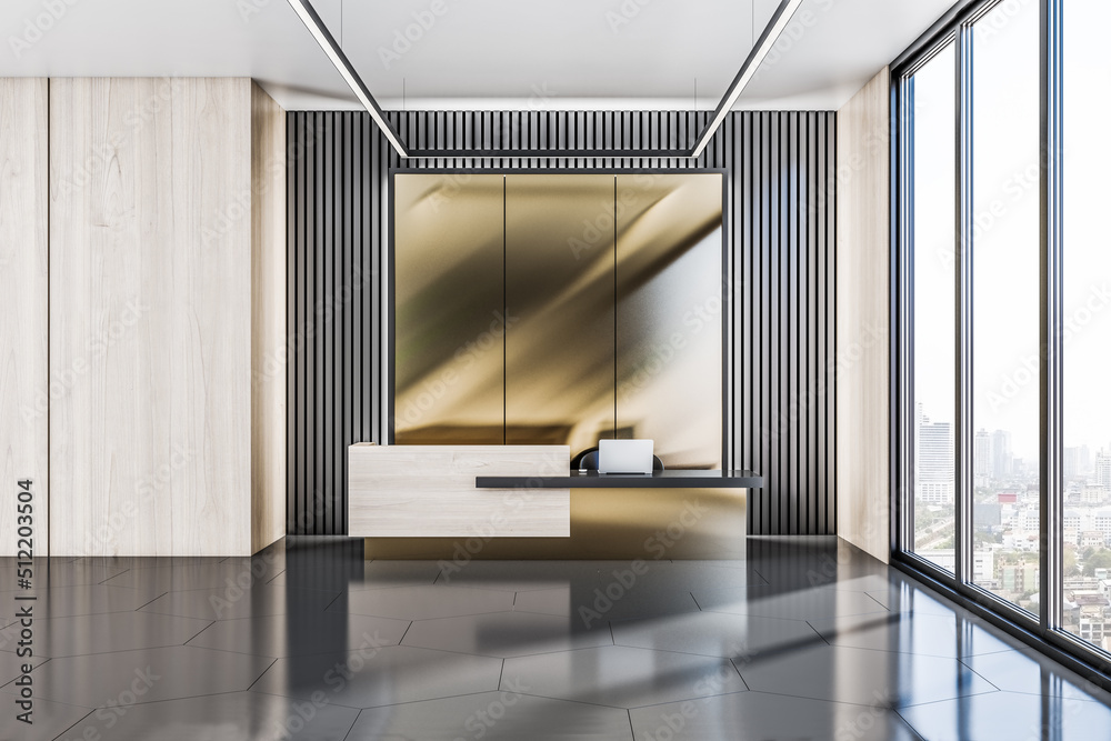 Front view on stylish on reception desk in sunlit spacious office area ...