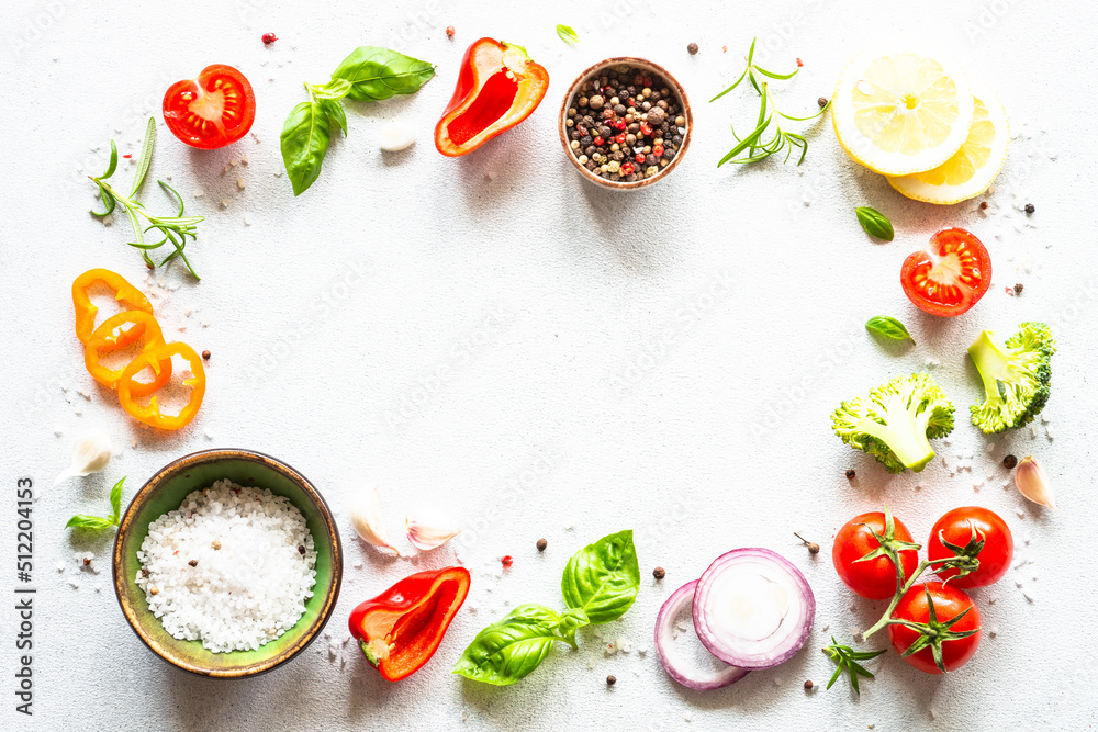 Food cooking background on white table. Stock Photo | Adobe Stock