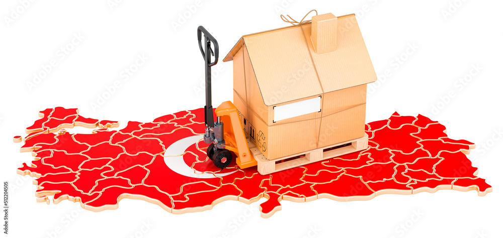 Residential moving service in Turkey, concept. Hydraulic hand pallet ...