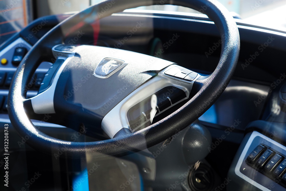 St. Petersburg, Russia - May, 2022: Workplace of the driver of a modern ...