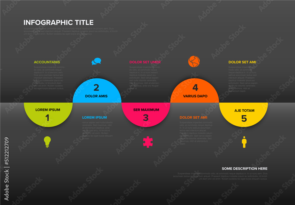 Five Half Circle Steps Elements Dark Layout with Icons Stock Template ...