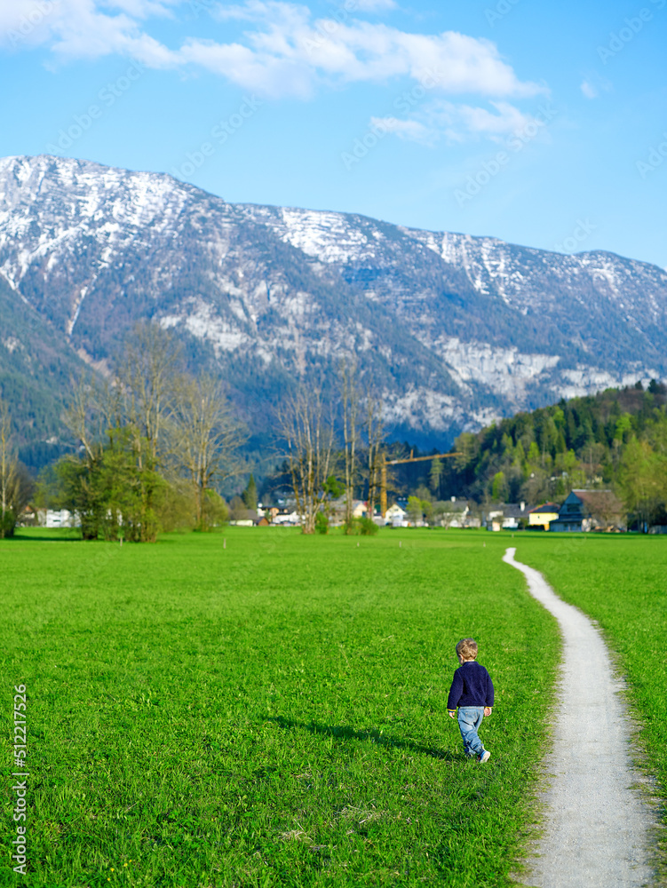 Little boy walking alone along pathway in the field. Path in life ...