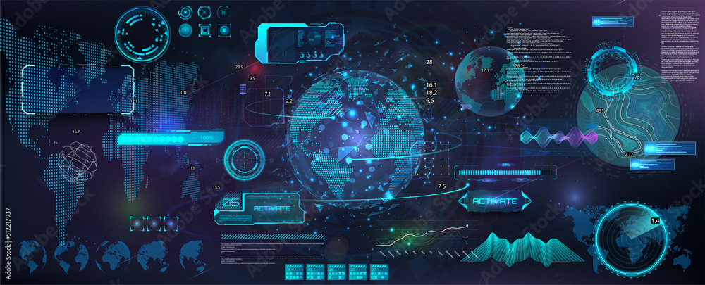 Vecteur Stock Sci-fi HUD elements collection. Earth Globe 3D objects ...