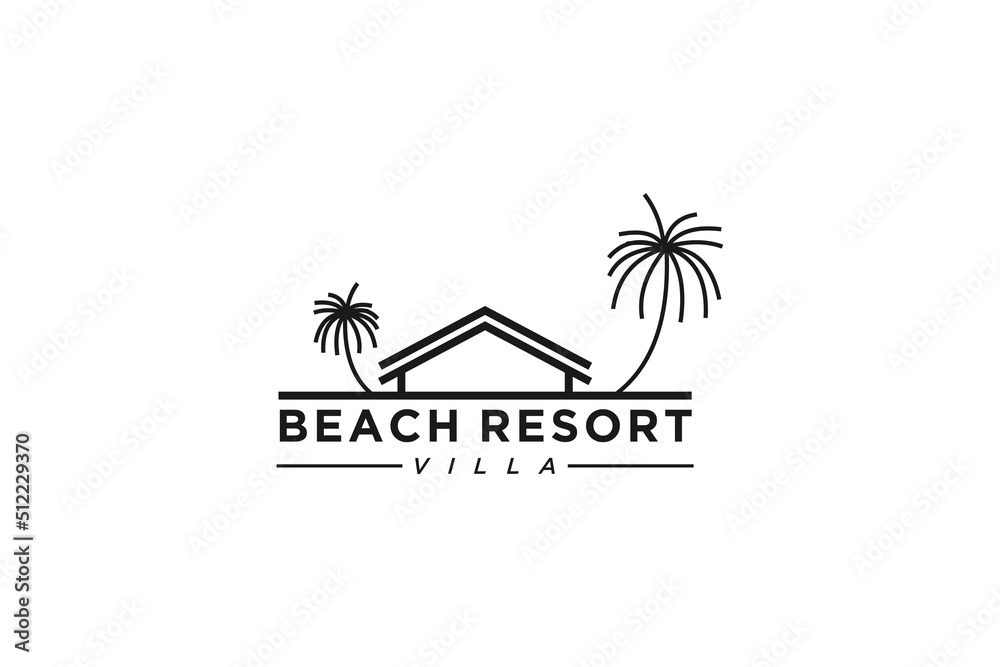 Beach resort logo palm tree element chalet roof cottage icon minimalist ...