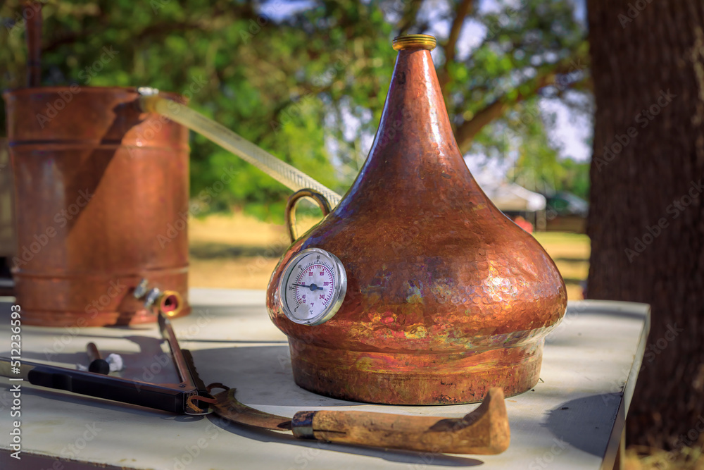 Copper still set up at a lavender field ready to distill the essential ...
