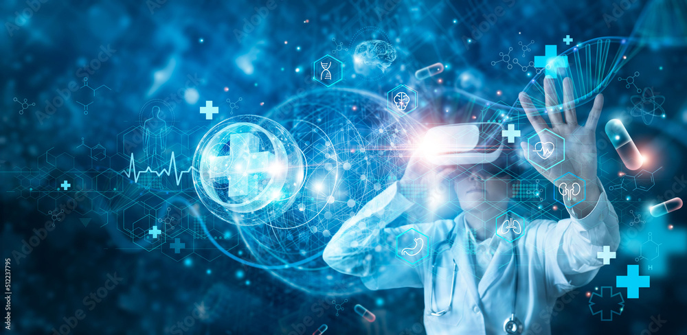 .Medicine doctor wearing virtual reality glasses checking and testing ...