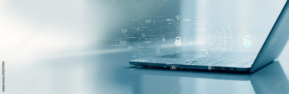 .Laptop with padlock. Password and scanning unlock and access to ...