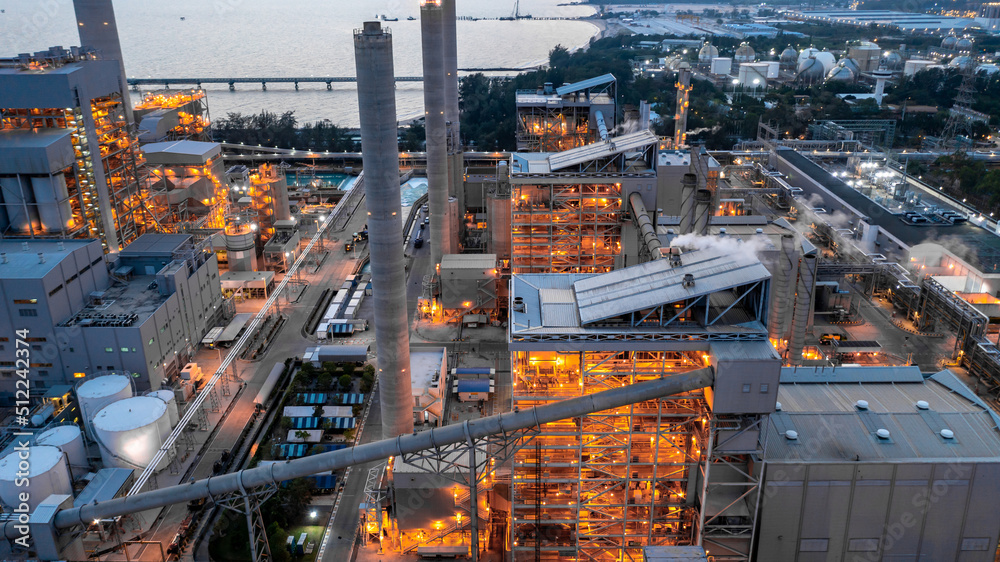 Aerial view electric plants turbine generator in the power plant, Gas ...