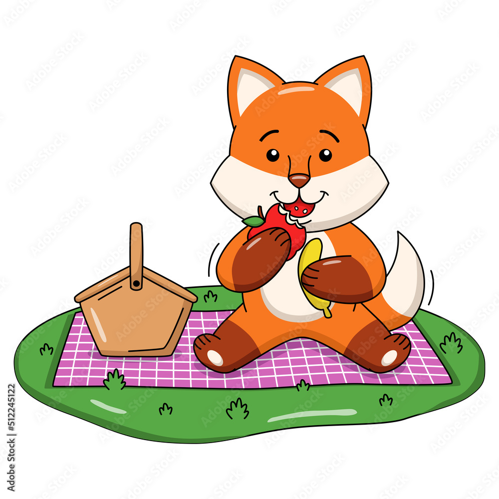 Cartoon illustration of a cute fox eating fruit Stock Vector | Adobe Stock