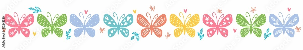 Horizontal illustration with a collection of hand-drawn butterflies ...