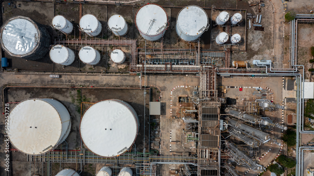 Aerial view fuel reservoirs petroleum industrial zone metal exhaust ...