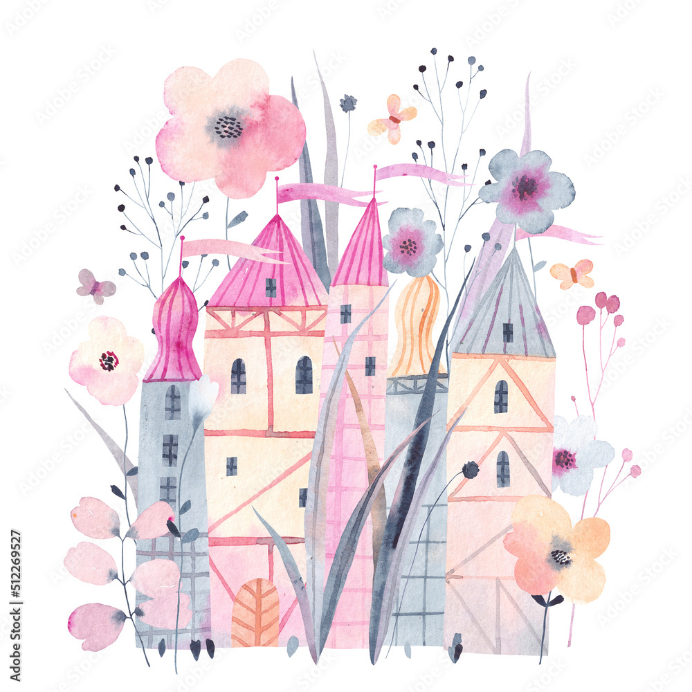Watercolor little castle and cute flowers on white background. Summer ...