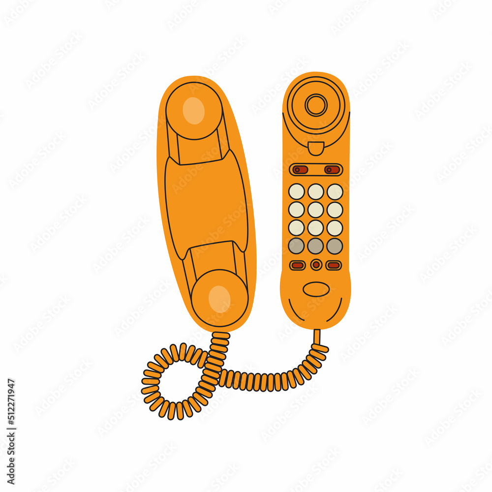Yellow retro wired phone with buttons. Communication device from 80s ...