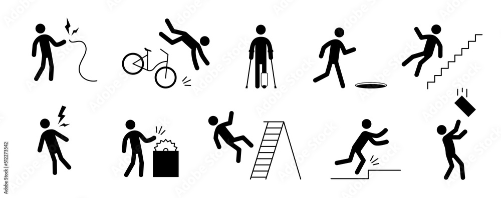 Accident pictogram man icon. Ladder falling, injury leg, bike accident ...