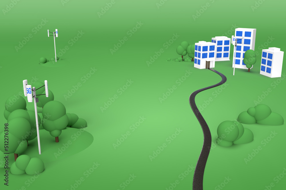 Background with cartoon landscape with cell towers 5g. Illustration on ...