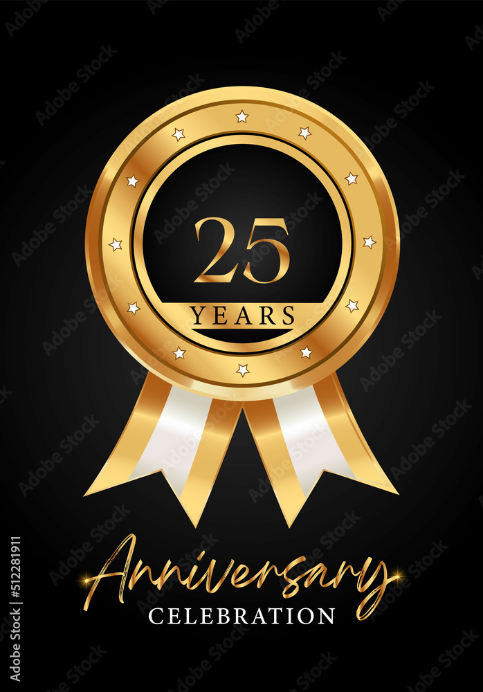 25 years anniversary celebration gold medal with ribbon vector. Poster ...