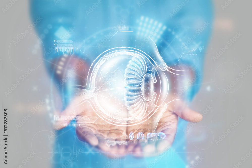 Medical concept, doctor's hands in a blue coat close-up. vision test ...