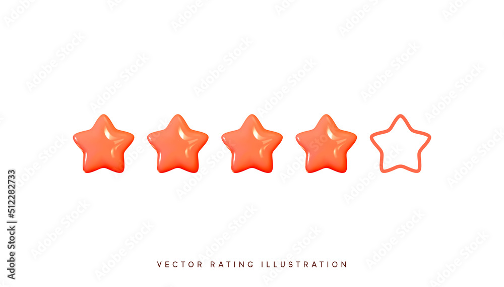 Five stars, glossy red colors. Customer rating feedback concept from ...