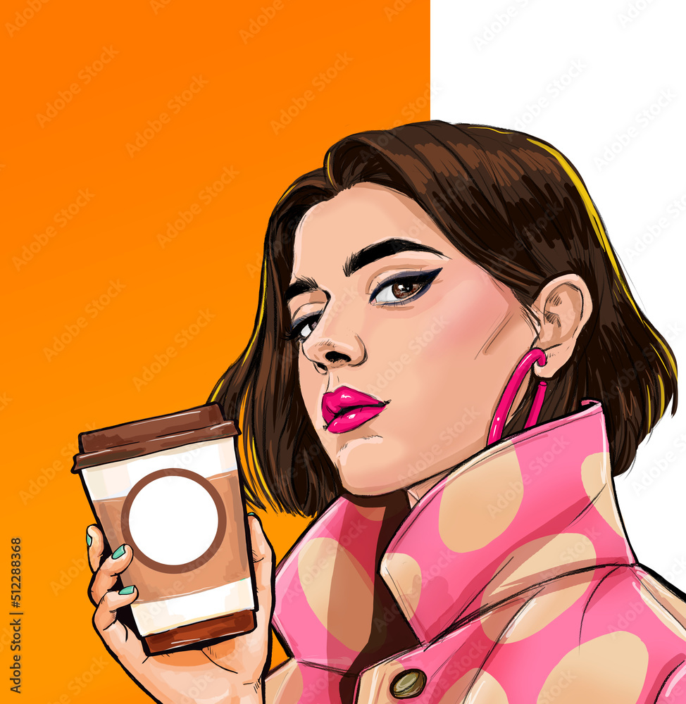 Thinking Pop Art Woman With Coffee Cup Advertising Poster Or Party