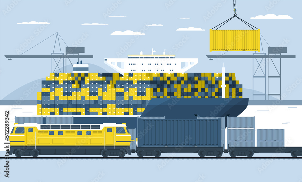 Loading containers on a freight train in the port from a container ship ...