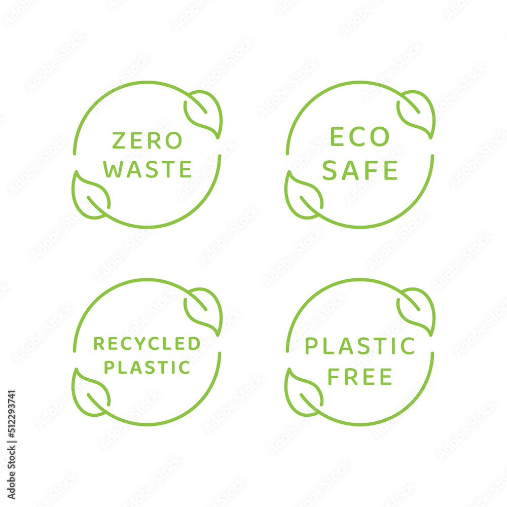 Eco safe, zero waste and recycled material. Vector label set, plastic ...