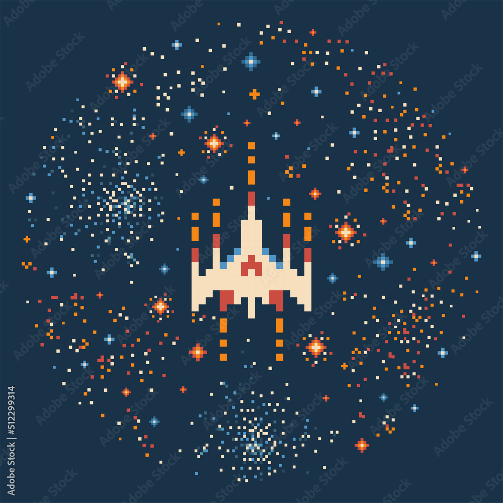 Poster 8 bit Pixel Art Spaceship in Outer Space – Wall Art | UkPosters