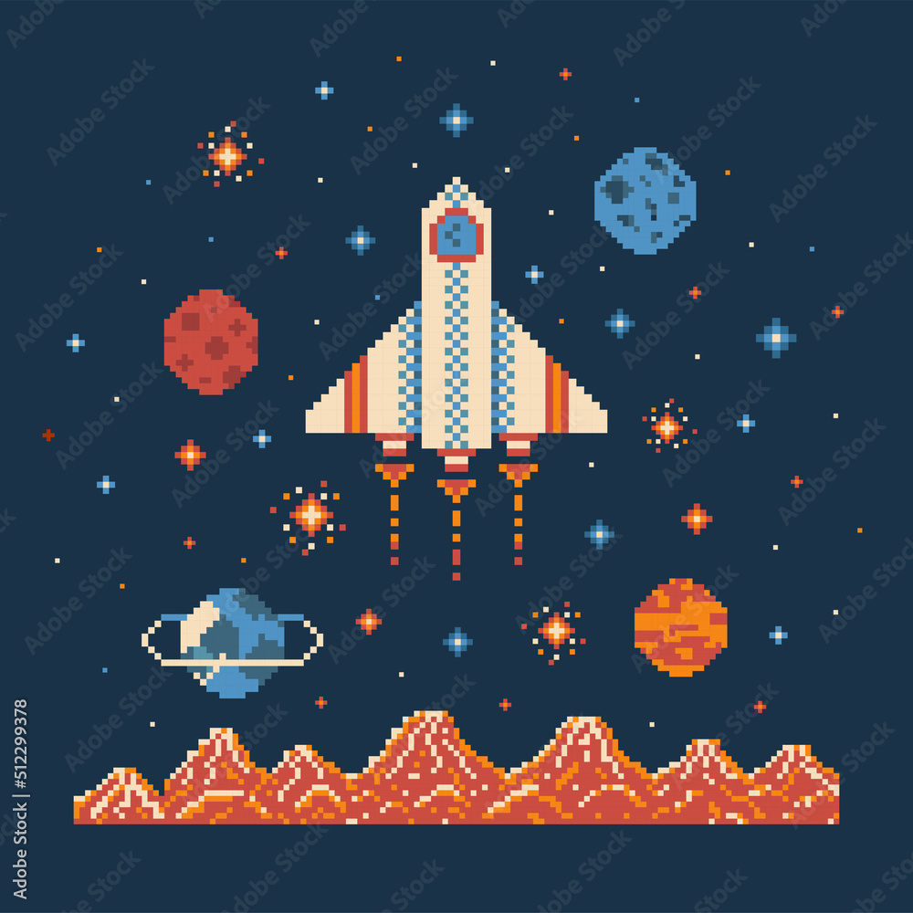 8 bit Pixel Art Rocket in Outer Space Stock-Vektorgrafik | Adobe Stock