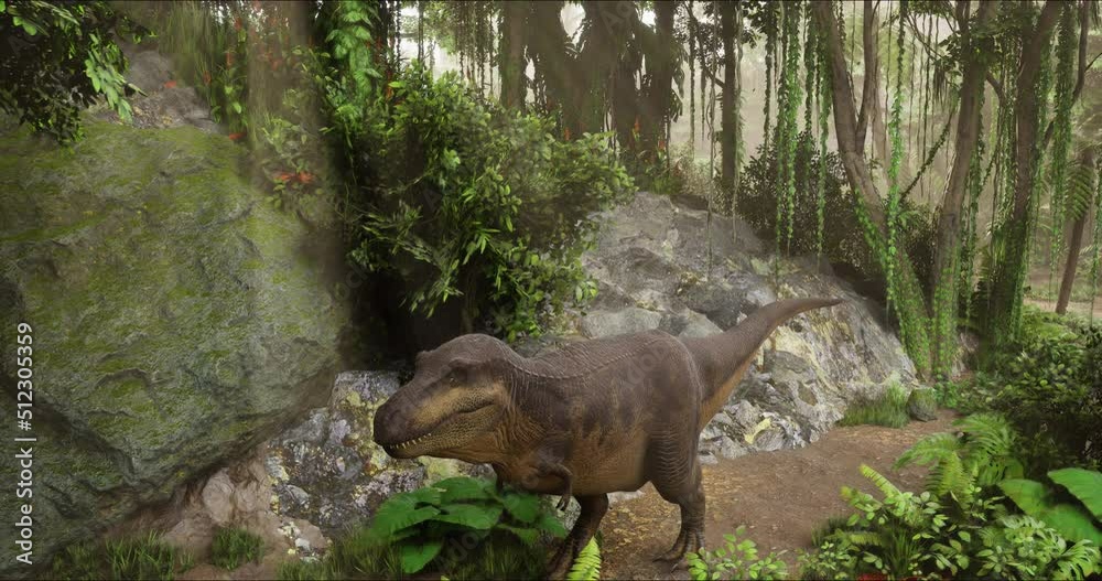 Tyrannosaurus walks through the Jurassic jungle. The Age of Dinosaurs ...