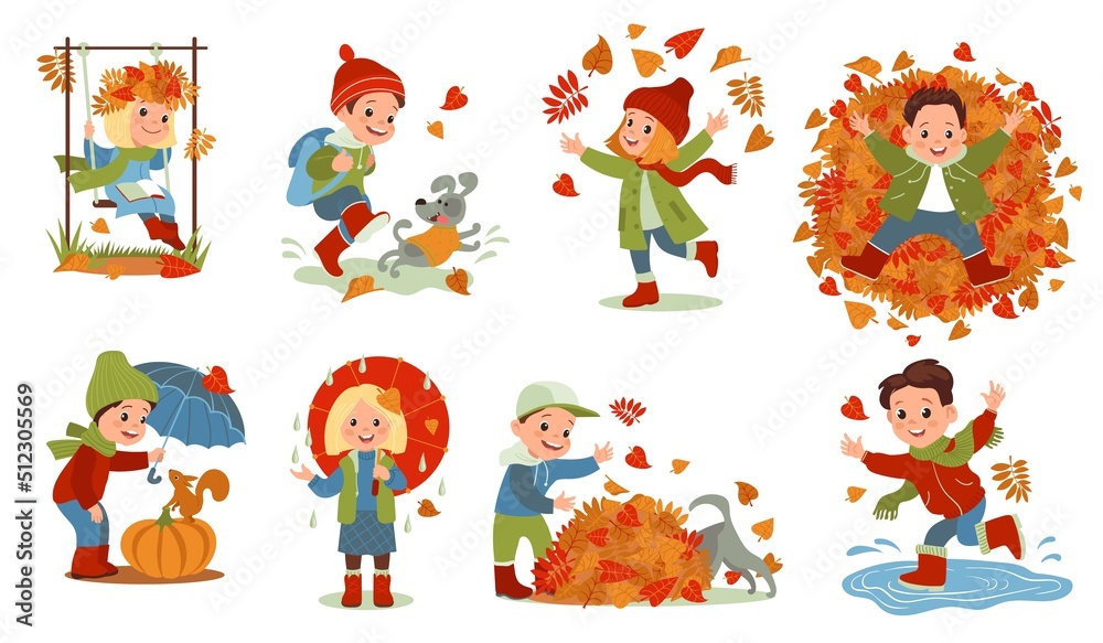 Autumn kids. Cute little children playing with fallen foliage and ...