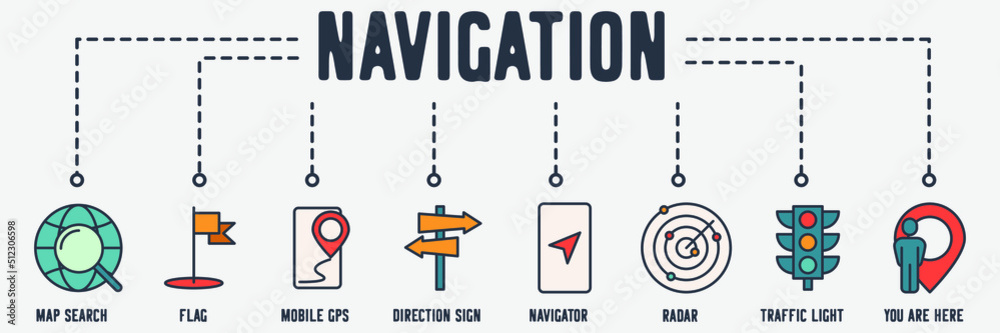 Navigation banner web icon. map search, flag, mobile gps, direction ...