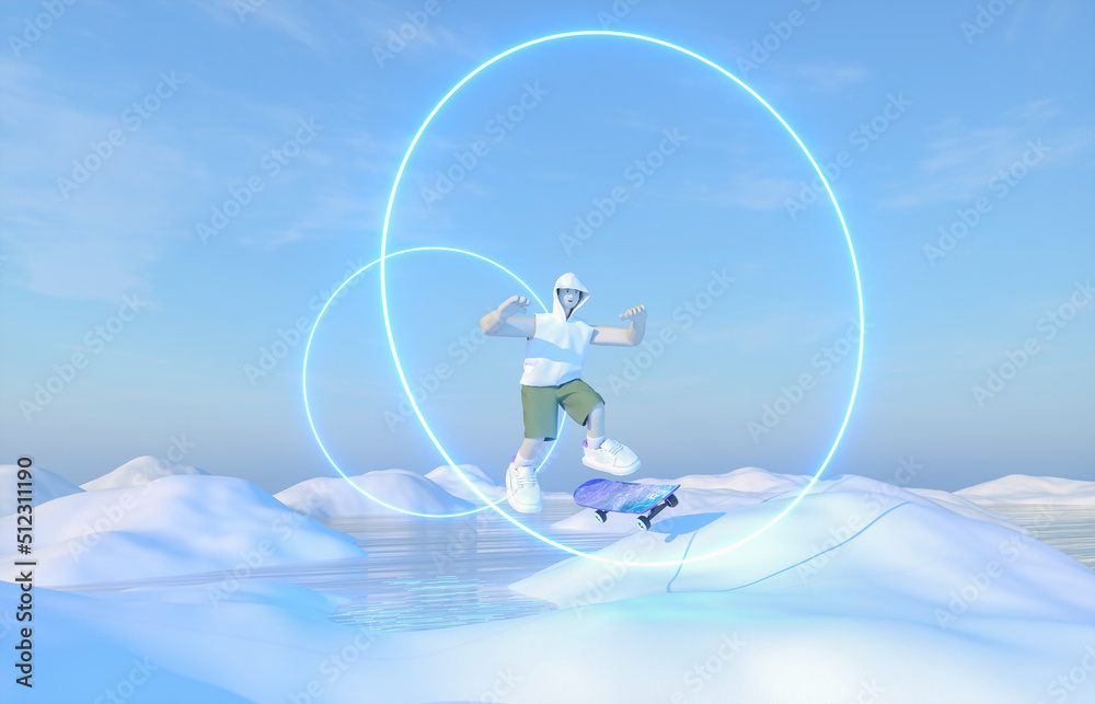 Metaverse avatar skateboarding in the virtual winter landscape. Future ...