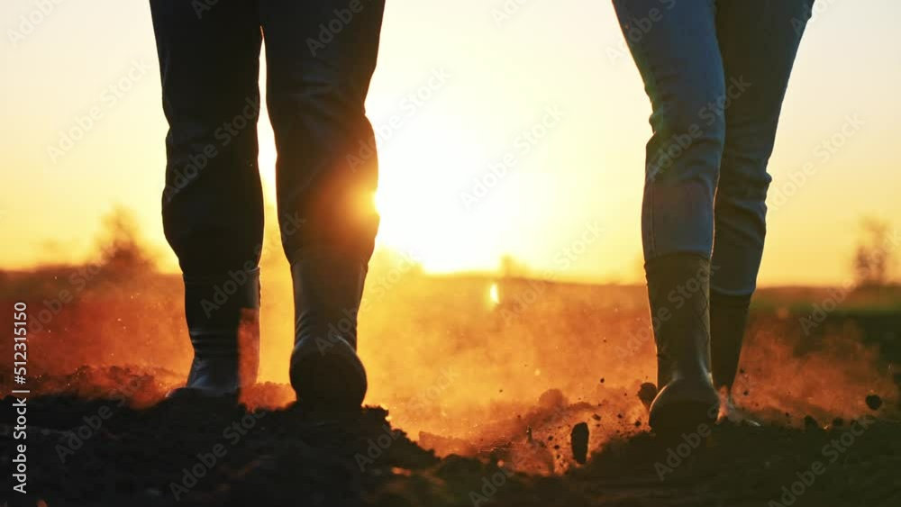 Close up people feet are walking on black earth soil on agricultural ...