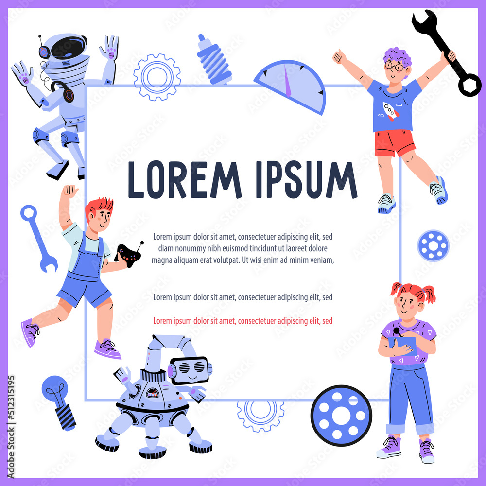 Kids robotics classes banner or poster mockup, flat vector illustration ...