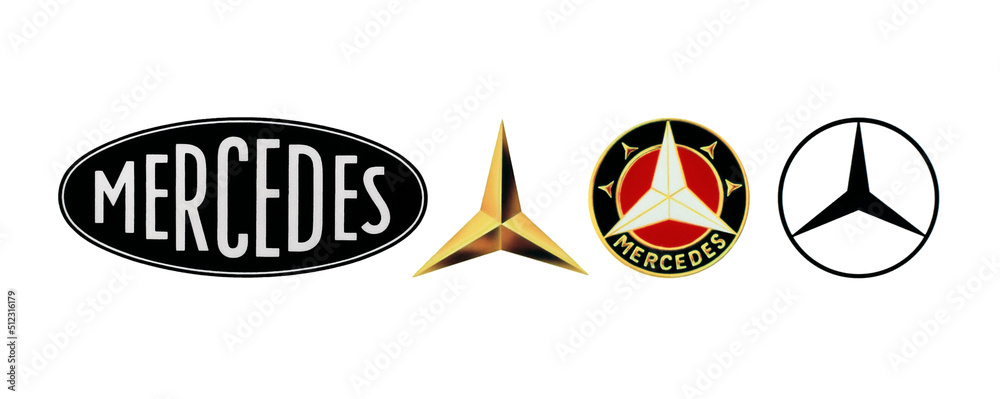 Retro collection of Mercedes Benz car logos, printed on white paper ...