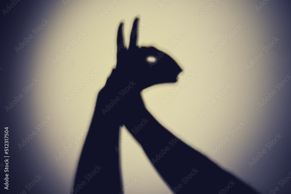 Shadow of a hand from the night light of a flashlight on a white wall ...