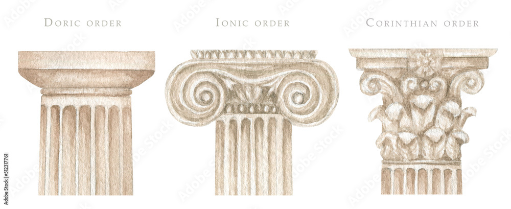Watercolor antique column corinthian ionic doric order, Ancient Classic ...